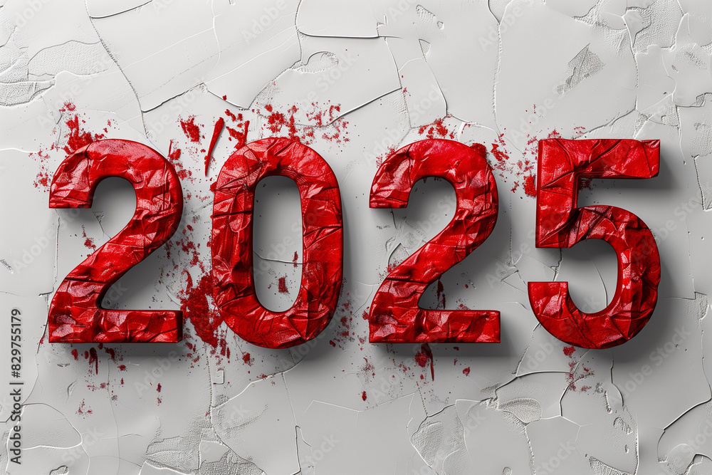 The numbers 2025 year are fully covered in bright red paint on a white ...