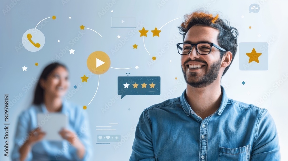 Smiling man with social media icons representing customer satisfaction ...