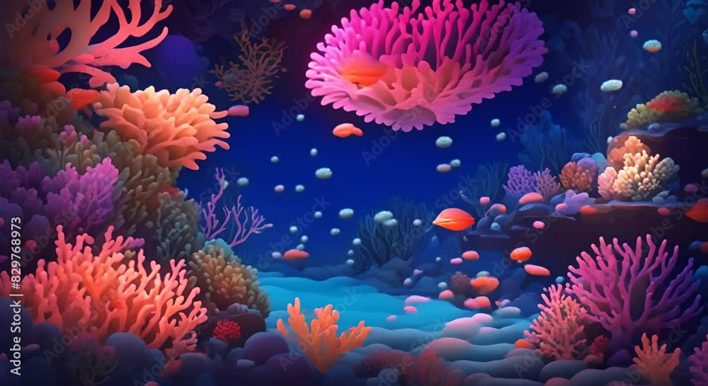 Underwater coral reef at night with coral polyps anime cartoon ...