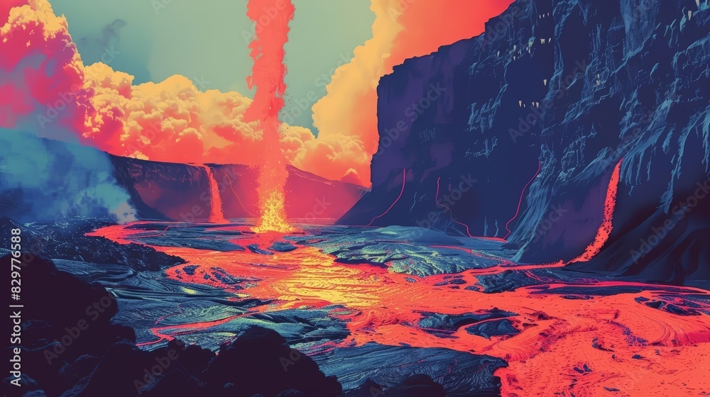 Creative amazing view of a volcanic caldera, with molten lava rivers ...