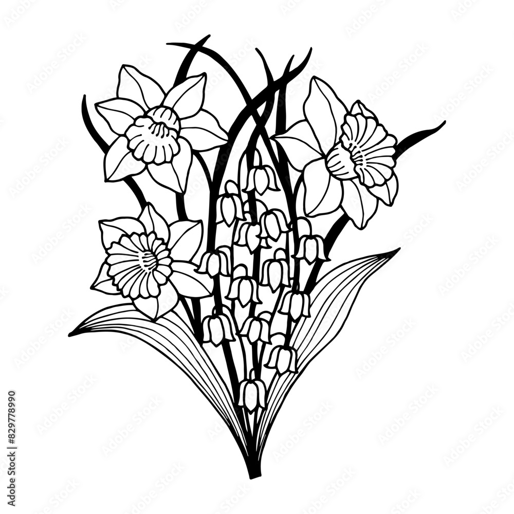 Flowers bouquet Daffodils, Lilies of the valley. Vector stock ...