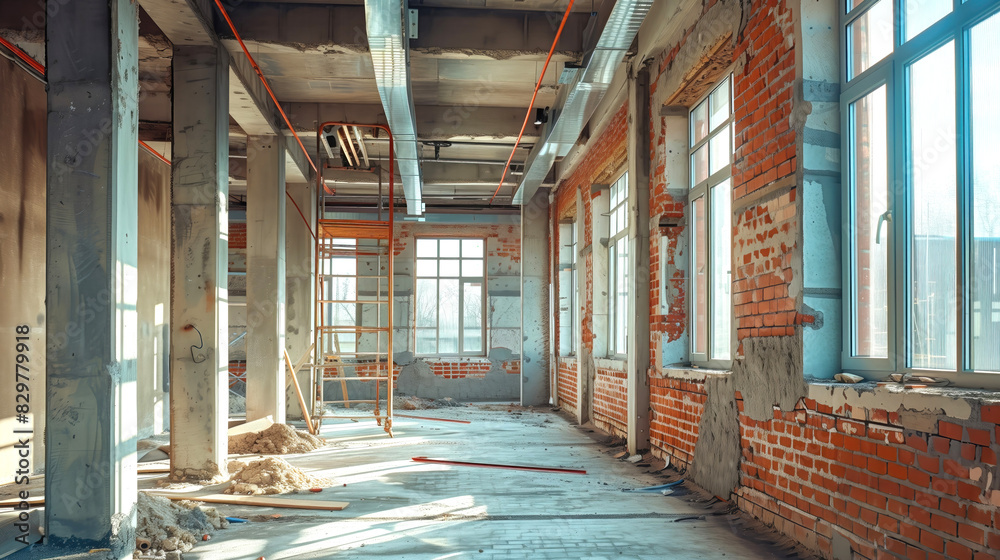 Renovation in progress inside an old industrial building. Exposed brick ...