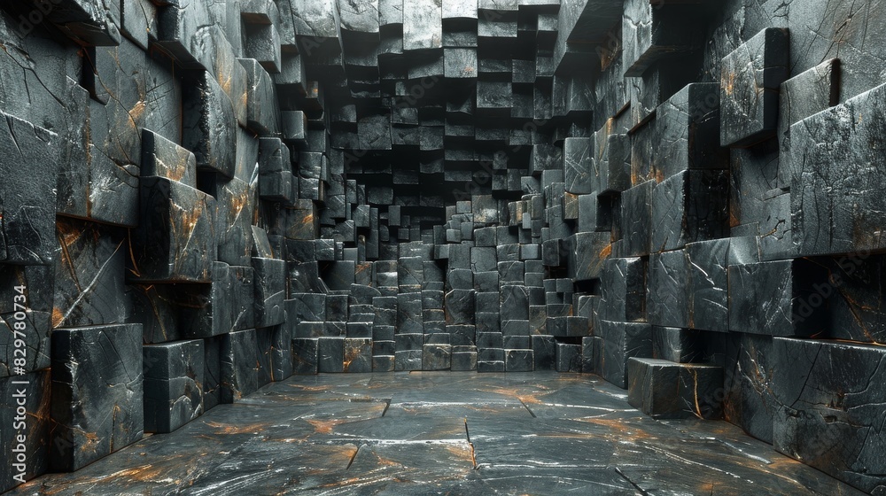 A dark, atmospheric corridor with protruding cubic structures on the ...