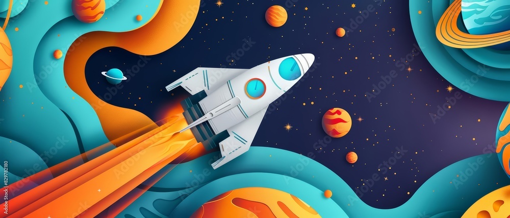 Trendy art paper collage design of an interstellar spaceship exploring ...