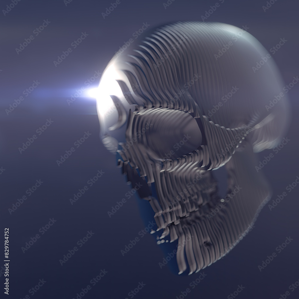 Digital illustration of a layered stylized metal skull with shiny ...