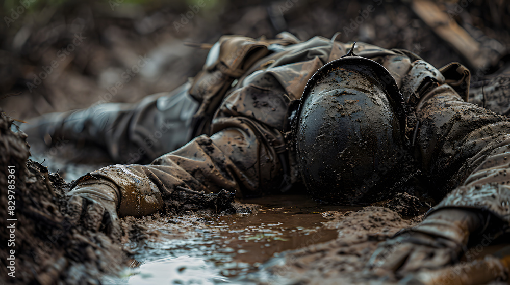 War photography with dead soldier lying down in muddy trench Stock ...
