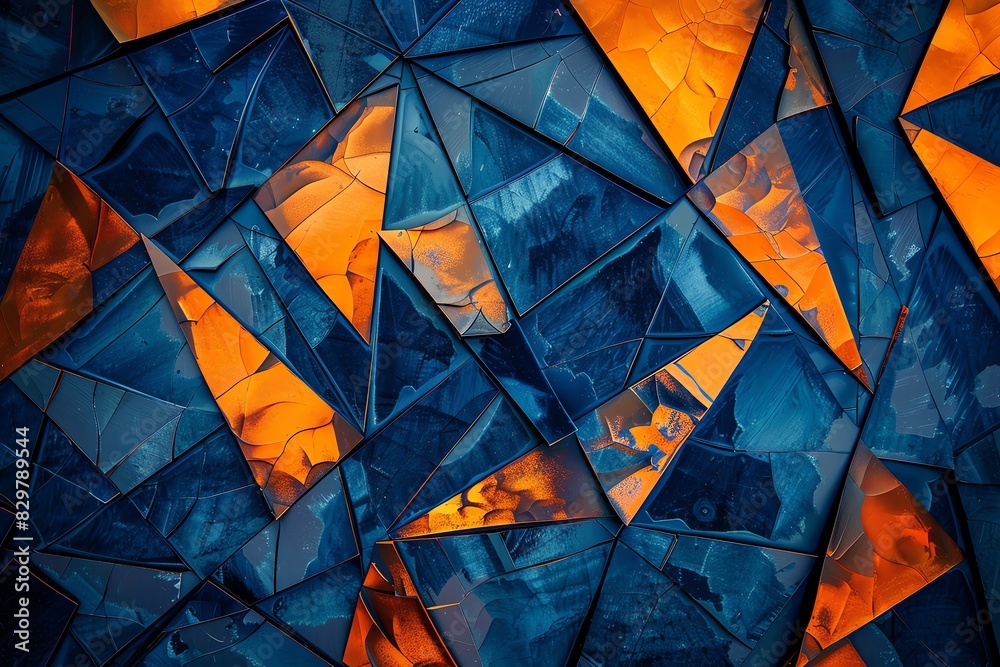 Abstract background of dark blue and orange triangles with different ...