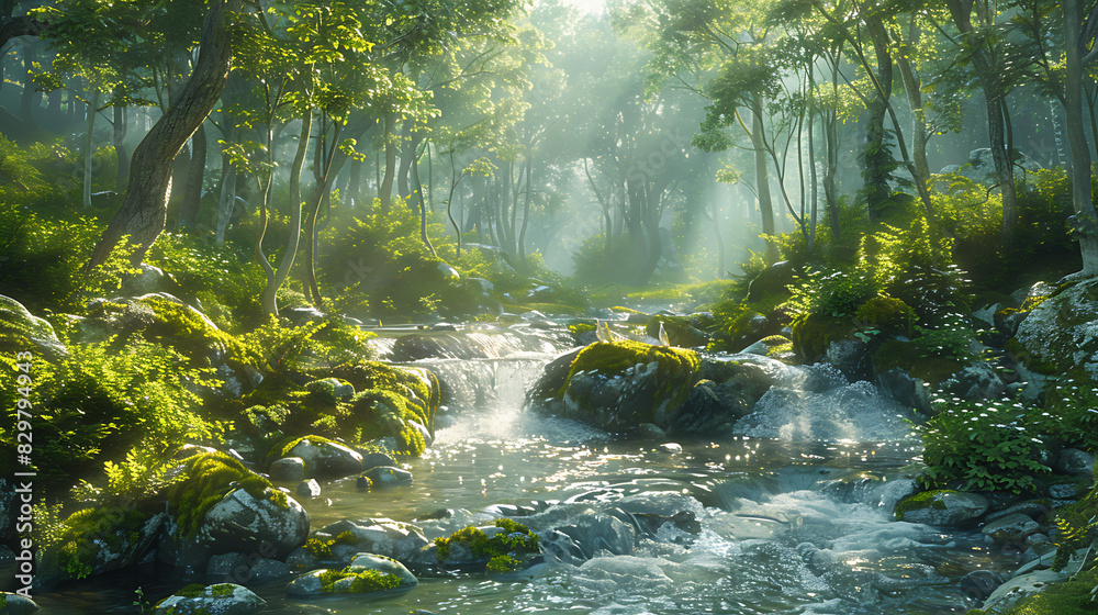printable mural of serene forest glade sunlight filtering through canopy mosscovered rocks ...
