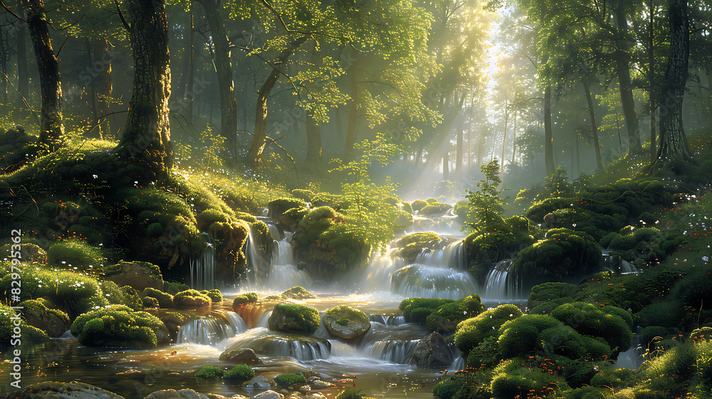 printable mural of serene forest glade sunlight filtering through canopy mosscovered rocks ...
