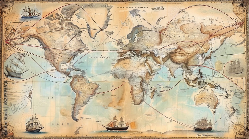 Illustrate a world map indicating the major trade routes used ...