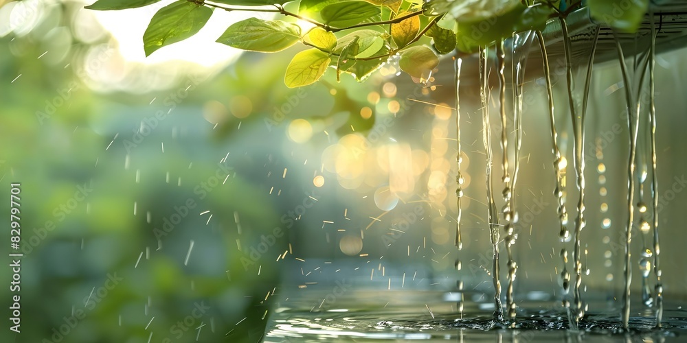 Closeup of rainwater harvesting system collecting and storing water for ...