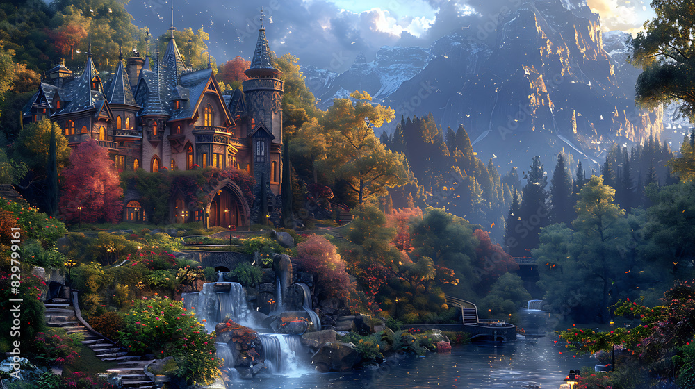 printable mural of enchanting fairy tale castle turrets towers winding ...