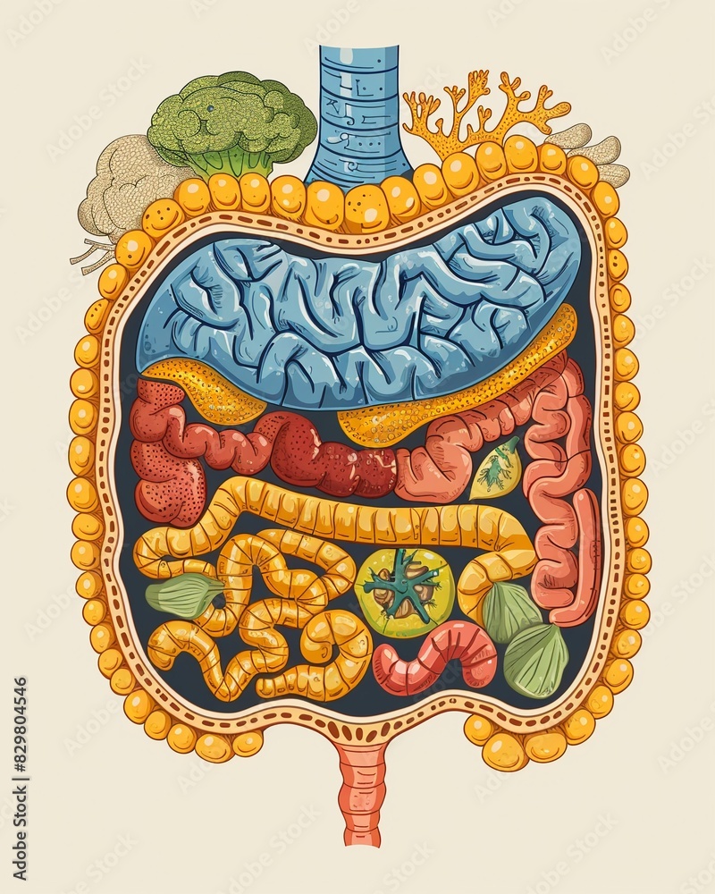 Cross-section of the digestive system flat design top view internal ...