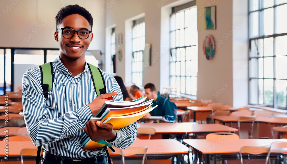 JOVEM ESTUDANTE SORRINDO SEGURANDO LIVROS E CADERNOS EM UM CONCEITO DE ...
