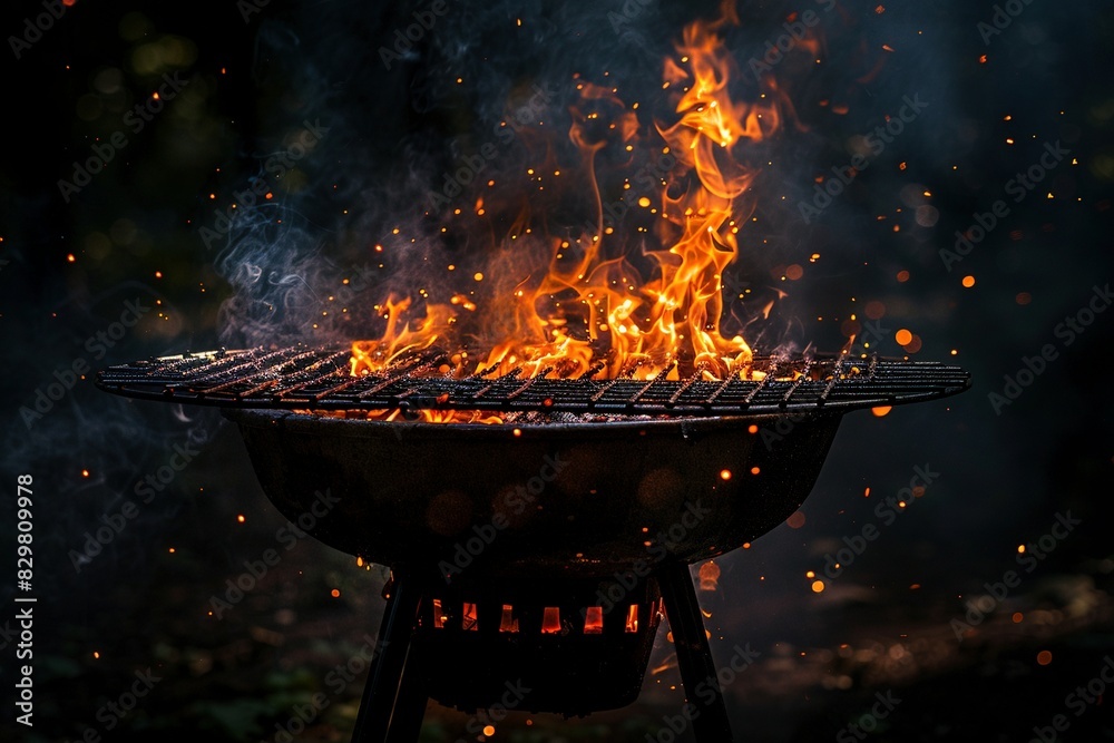 Dancing flames lick the grates of an empty grill, sparks illuminate the ...