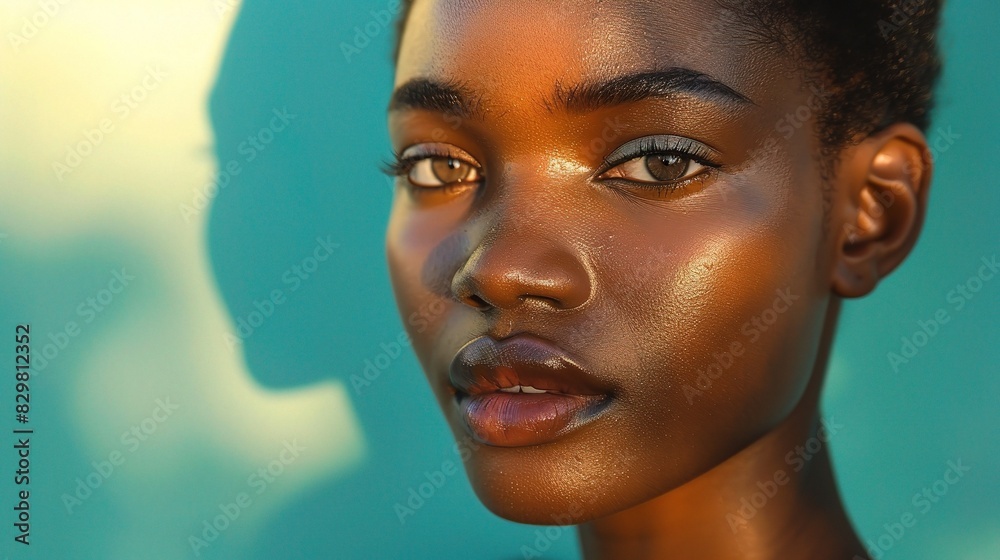black woman with naturally radiant face skin, captured in soft morning ...