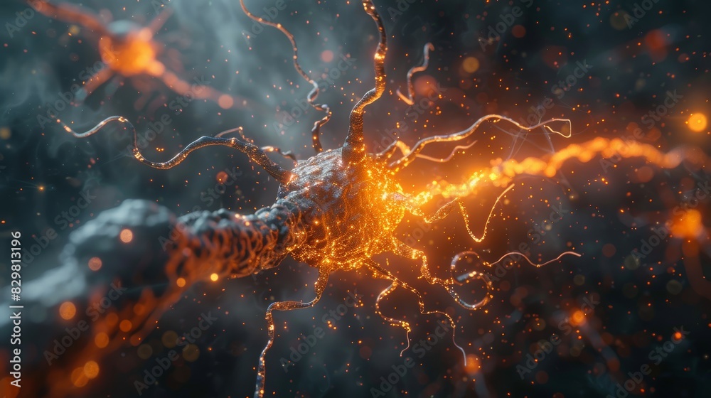 A 3D render of a neuron firing, with neurotransmitters being released ...