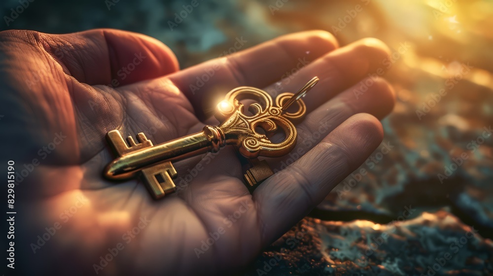 A golden key held in an open palm, symbolizing opportunity and access ...