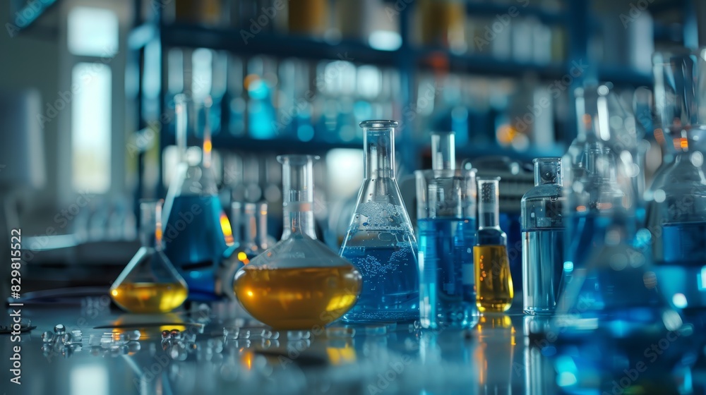 A laboratory scene with various glassware and containers filled with ...