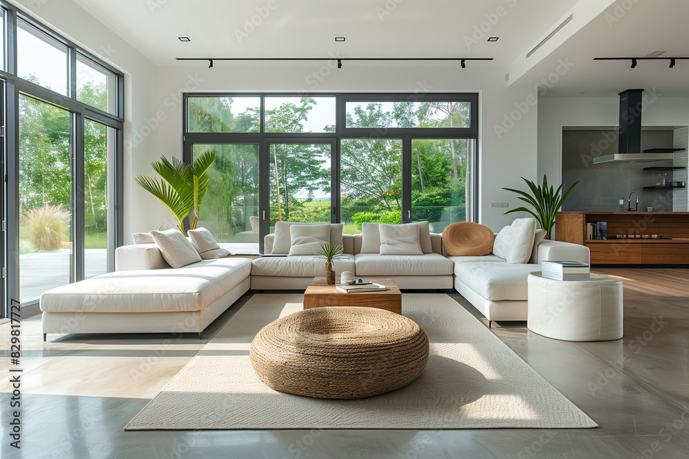 Minimalist spacious living room featuring functional furniture and soft ...