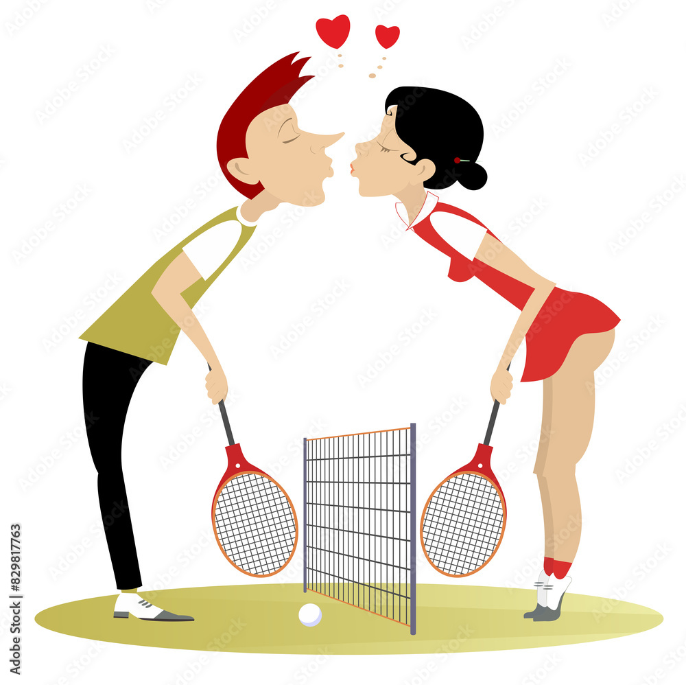 Tennis court. Man and woman falling in love and kissing. Young man and ...