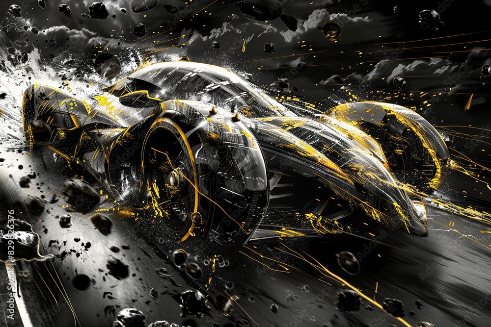 Capturing the drama of high-speed racing, this photo showcases a black ...