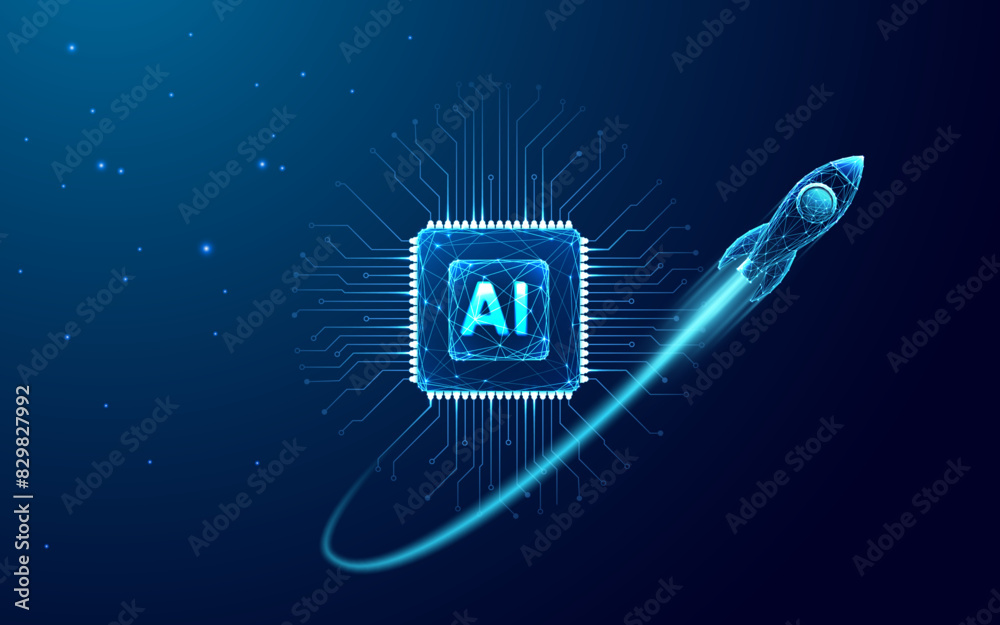 Digital abstract rocket and AI chip. Abstract technology light blue ...