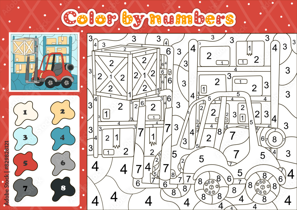 Car themed coloring page by number for kids with cute forklift truck in ...