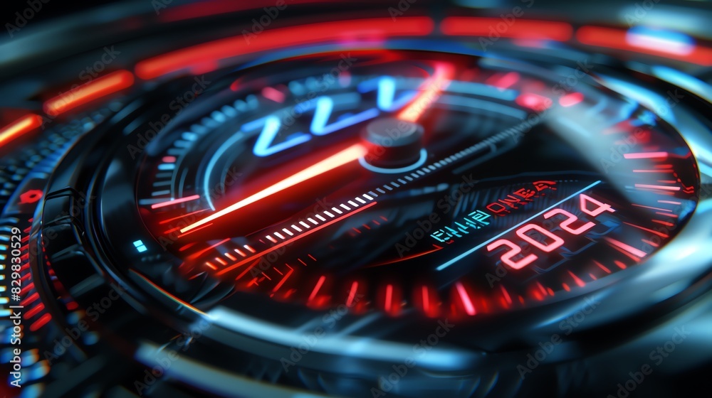 A close up of a car's speedometer with the needle pointing to 2024. The ...