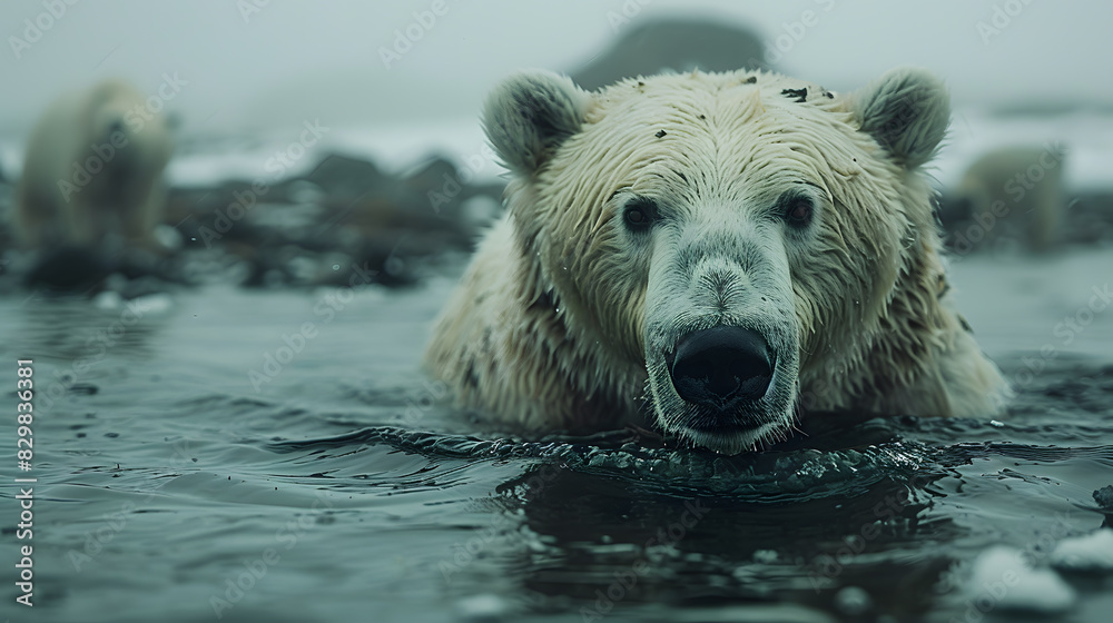A polar bear stranded on melting ice, impact of global warming and ...