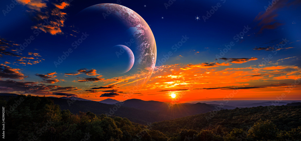 A setting sun brighten the surface of an alien world with floating ...