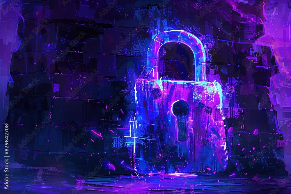 A glowing neon blue and purple abstract lock, formed from glitching ...