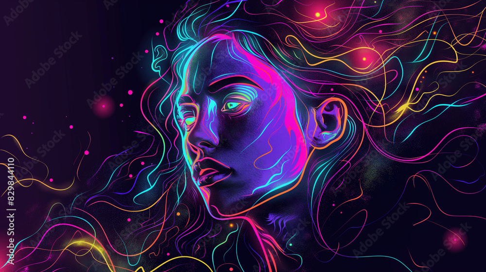 Neon light drawing on a dark background featuring a girl's face Stock ...