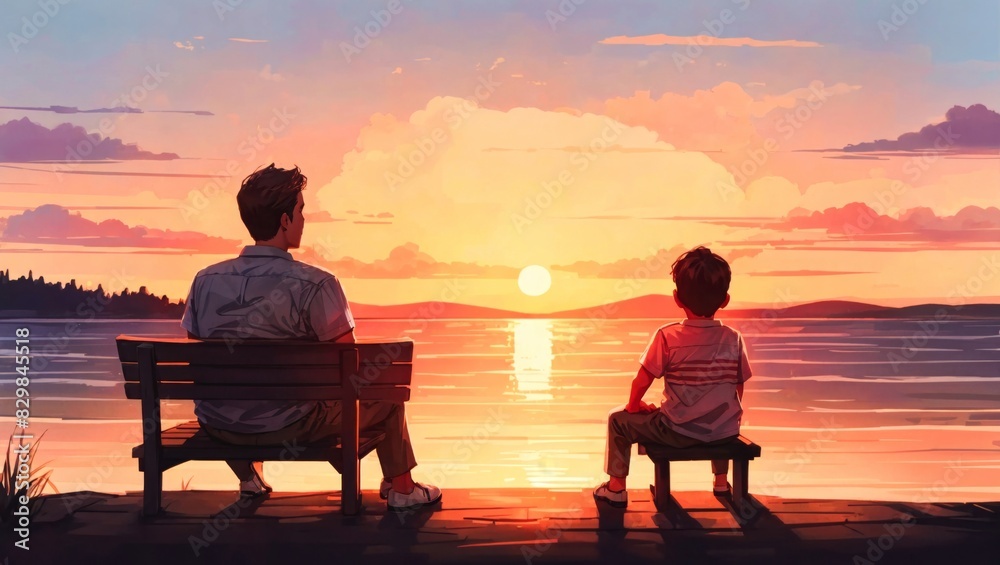 Fathers day. Back view of a little child boy sitting on his father's ...