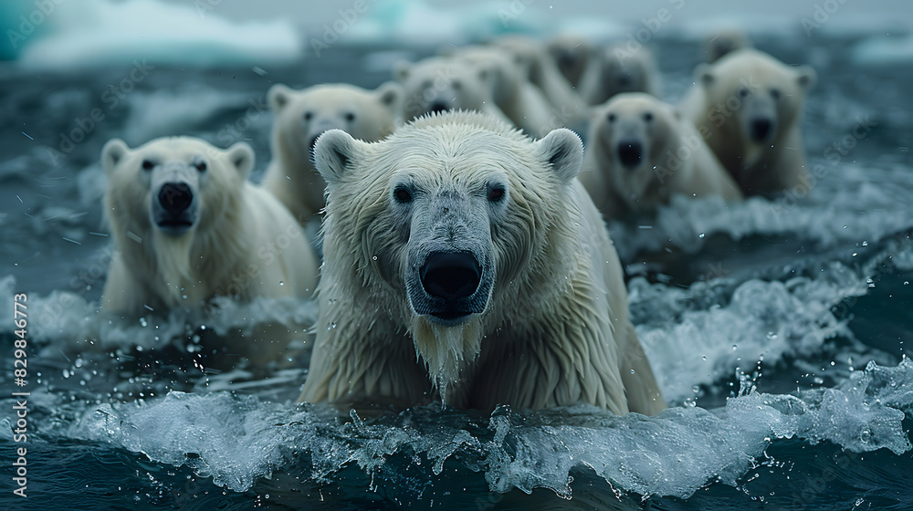 A group of polar bears evacuating due to ice melting and rising sea ...