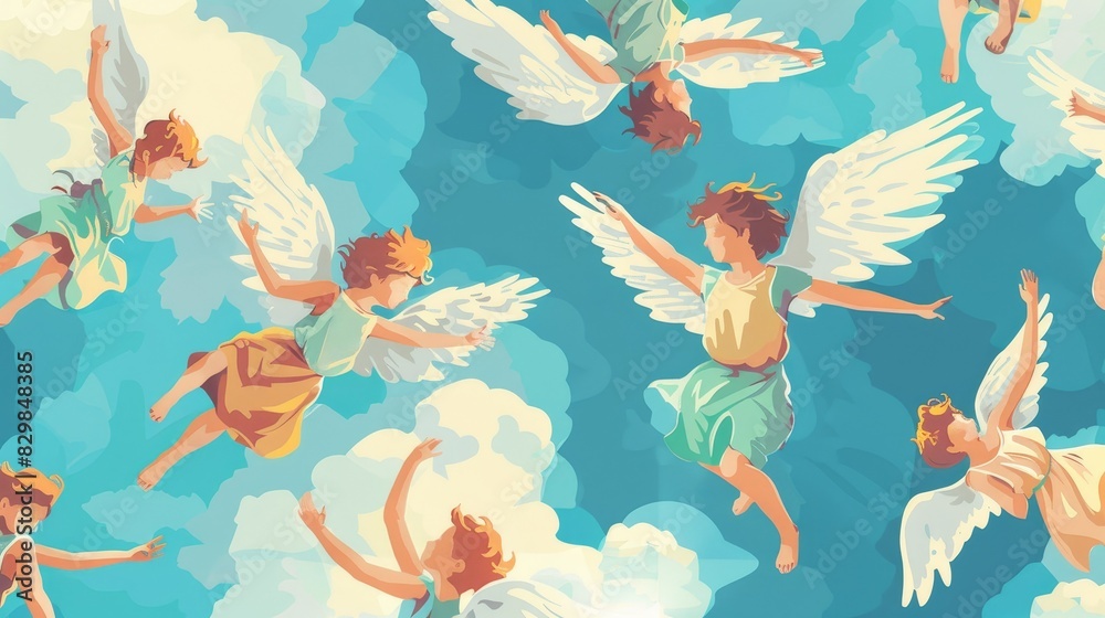 Seamless pattern featuring flying cherubs with white wings and ancient ...