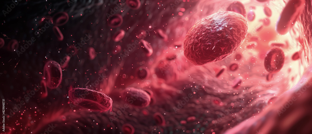 red blood cells flowing through a blood vessel with a visible virus ...