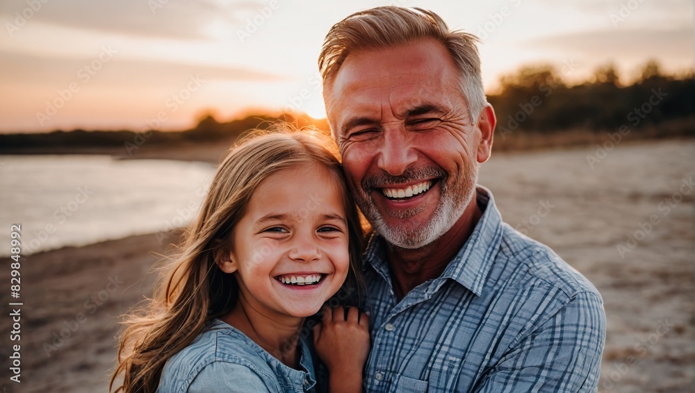Fathers day. Back view of a little child boy sitting on his father's ...