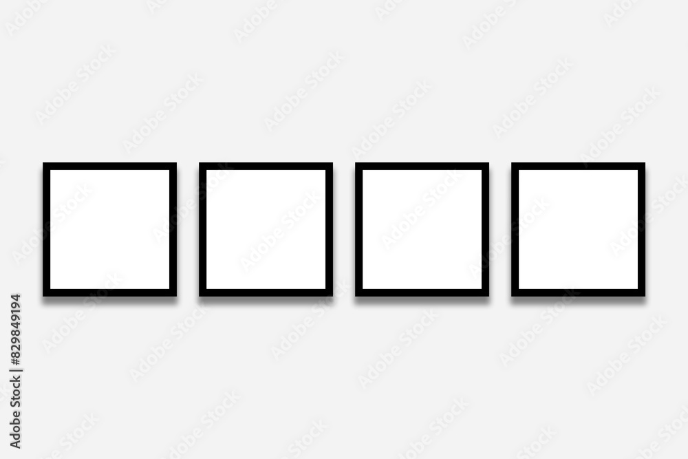 4 Blank white square photo frames with black borders in a horizontal ...