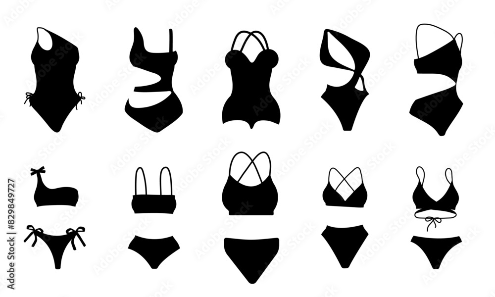 Set of various women' bikinis in black silhouette style isolated on ...