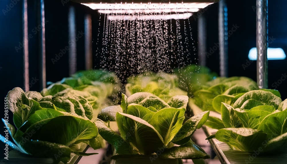 Smart irrigation system in a vertical farm, water droplets gently ...