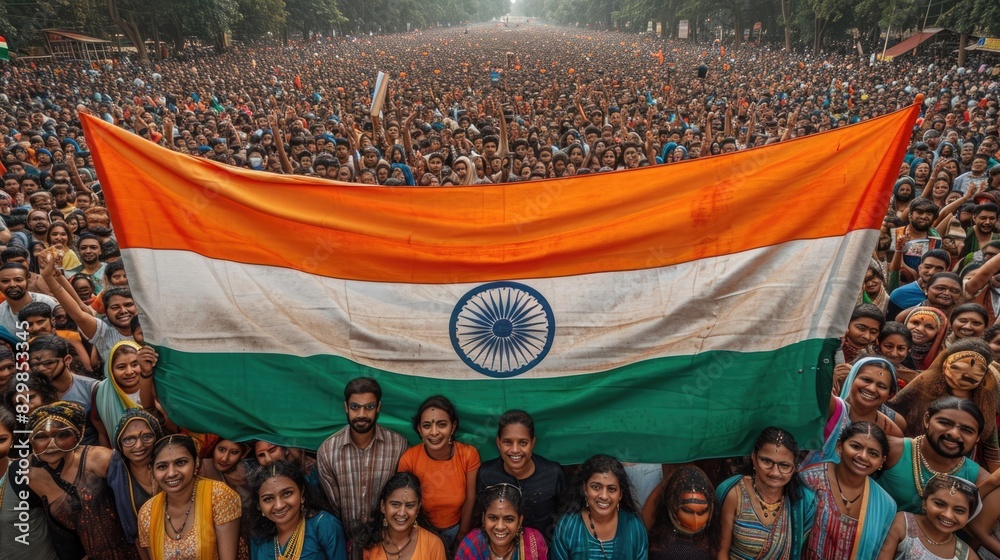 High angle view of a large crowd with Indian flag at a rally or public ...