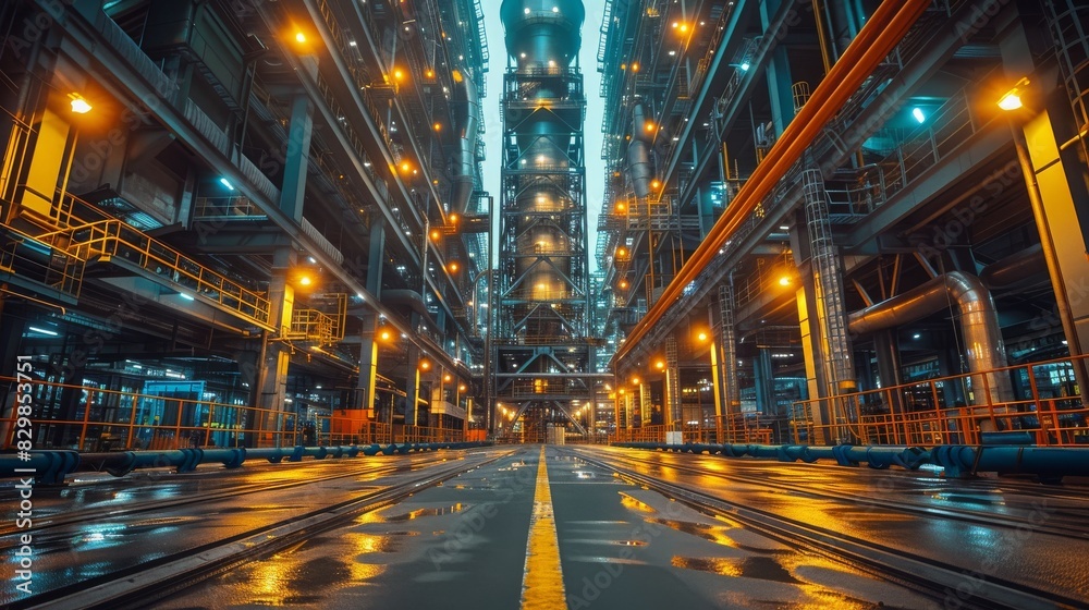 An industrial complex with towering structures lit up at night, showcasing the scale and ...