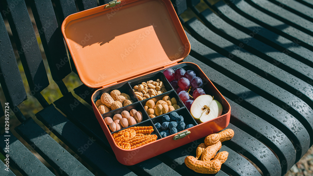 Opened healthy snack box with compartiments, nuts, grapes, apple and ...