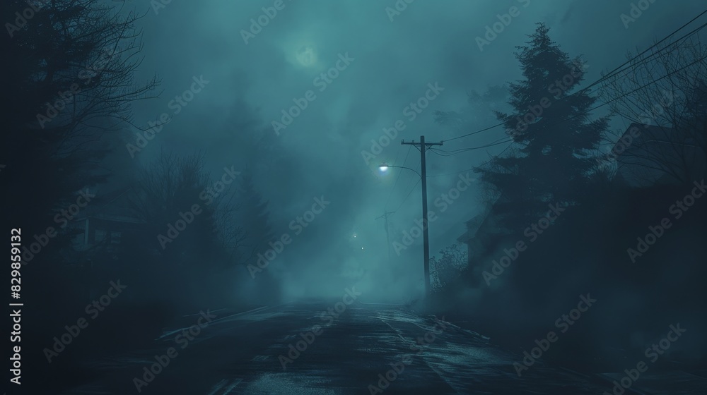 Develop an eerie fog artwork with a minimalist style. Illustrate a dark ...