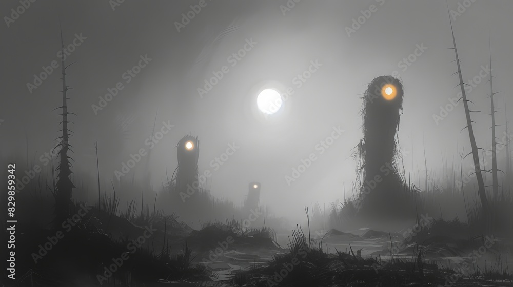 Develop a horror landscape featuring unsettling imagery. Use basic ...