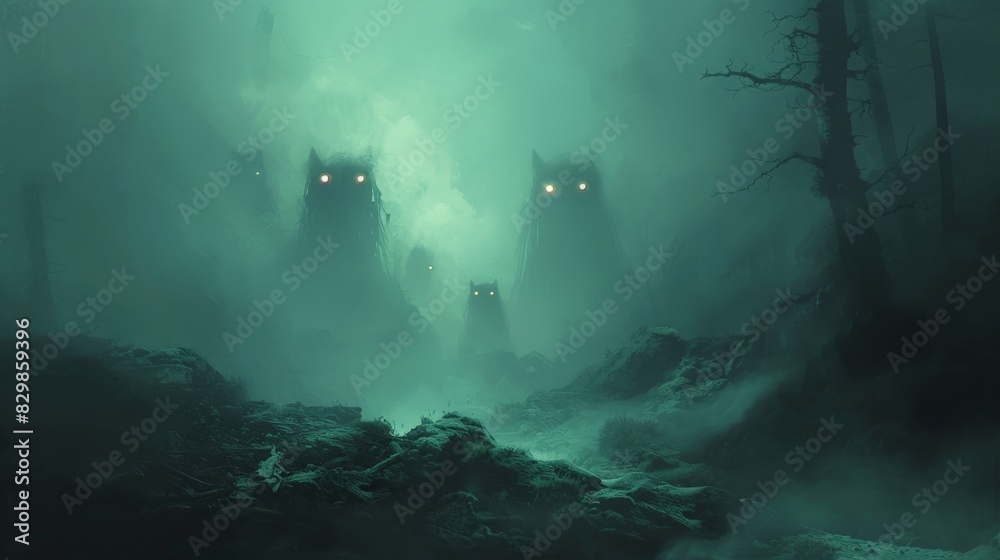 Develop a horror landscape featuring unsettling imagery. Use basic ...