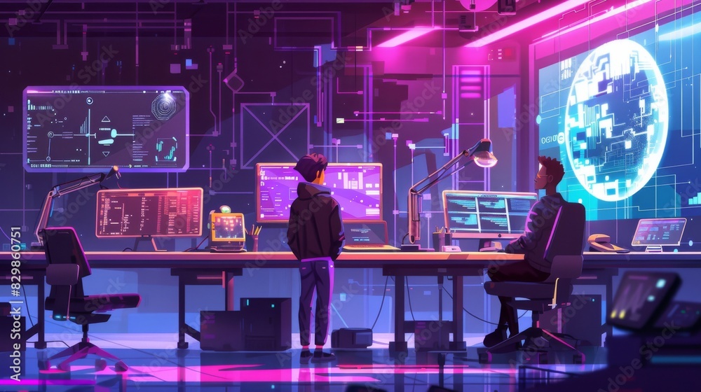 An LGBTQ team working on AI development in a high-tech lab with ...