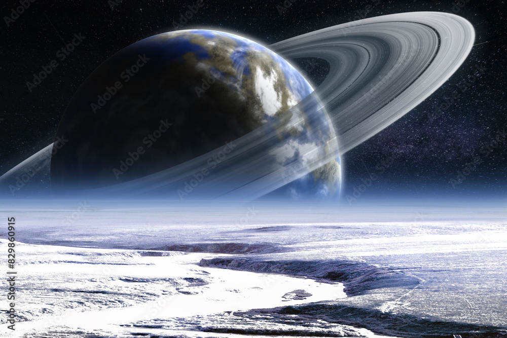 icy landscape with rocky planet in the foggy sky. outer world beautiful ...