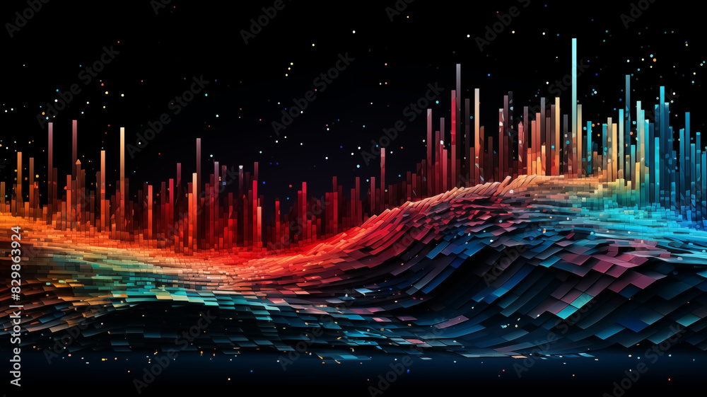 Abstract digital landscape with colorful pixelated waves and vertical bars. Digital art ...